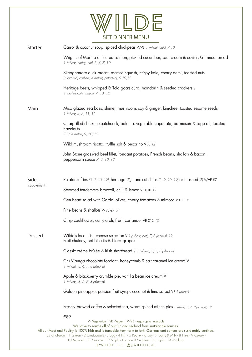 Wilde Group Dinner Lunch Menu January 2024 | WILDE